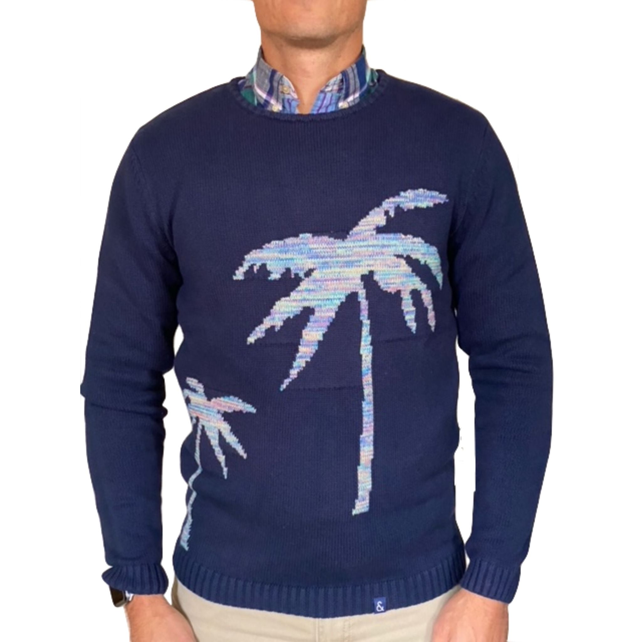 Palm Tree Crew Neck Sweater - Navy – Blowes Clothing